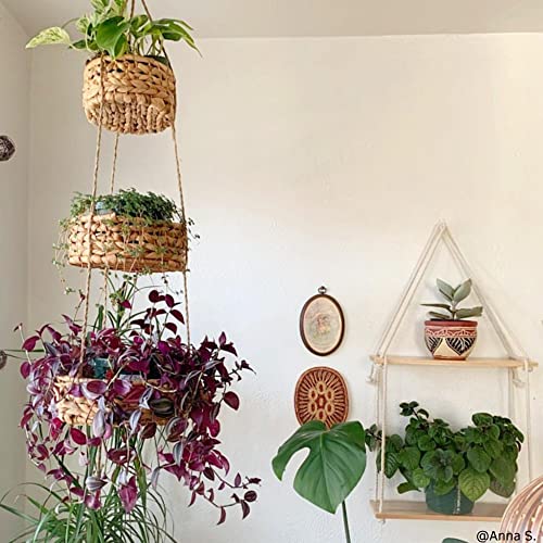 Hanging Shelves for Wall [Set of 2 w/ Hooks] Wooden Shelf, Hanging Fruit Basket Woven 3 Tier for Kitchen, Counter Space Saver Decorative Storage Boho Home Decor Planter Bathroom, Living Room Bedroom