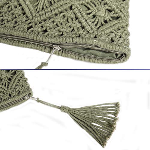 Magibag Crochet Tassel Handbag Straw Envelope Clutch Bag Cotton Macrame Purse Hobo Hand-Woven Beach Wristlet Bag with Zipper(01-Green