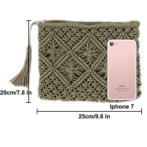 Magibag Crochet Tassel Handbag Straw Envelope Clutch Bag Cotton Macrame Purse Hobo Hand-Woven Beach Wristlet Bag with Zipper(01-Green