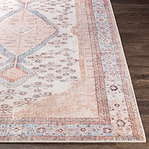 Moora Machine Washable Area Rug - Oriental Persian Medallion Pattern - Bohemian Floral Living Room Carpet - Pink, Blue, Beige, Cream - 7'10" x 10'2"
