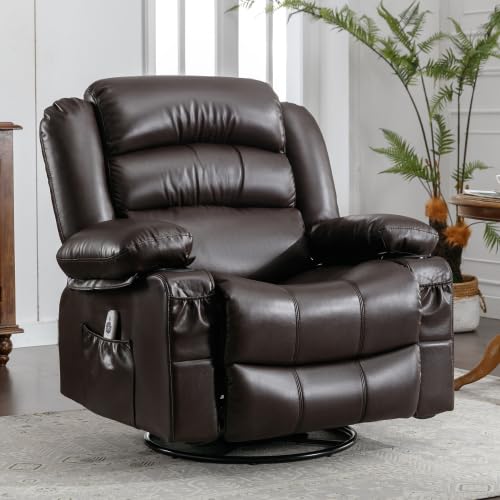 Etsaleruo Massage Swivel Rocker Recliner Chair, PU Leather Living Room Lounge Chair with Vibrating Massage and Heat, Multifunctional Lazy Sofa with Side Pockets 2 Cup Holders USB Charge Port, Brown