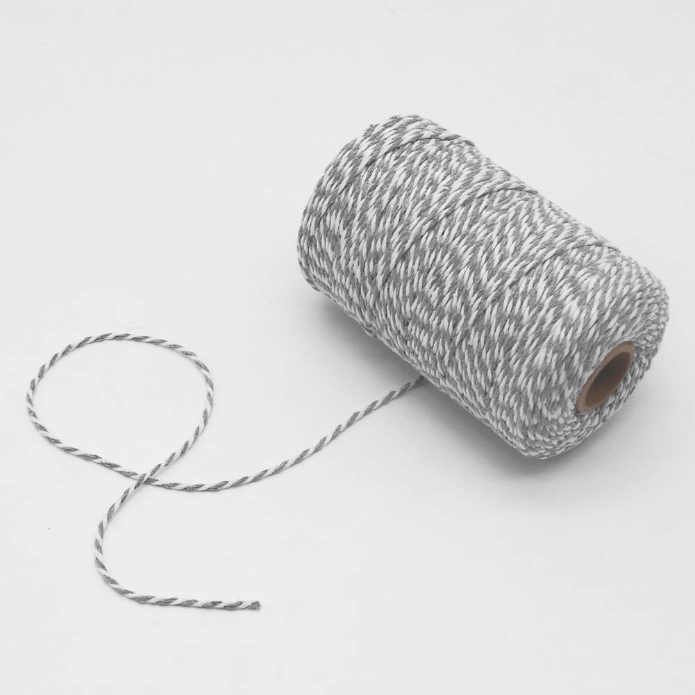 Tenn Well Grey and White Twine, 656 Feet 2mm Striped Cotton Bakers Twine for Baking, Gift Wrapping, Ornament Hanging, Crafting, Packing