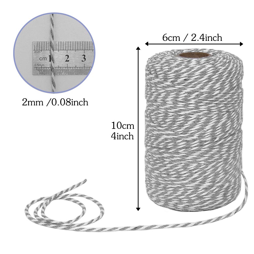 Tenn Well Grey and White Twine, 656 Feet 2mm Striped Cotton Bakers Twine for Baking, Gift Wrapping, Ornament Hanging, Crafting, Packing