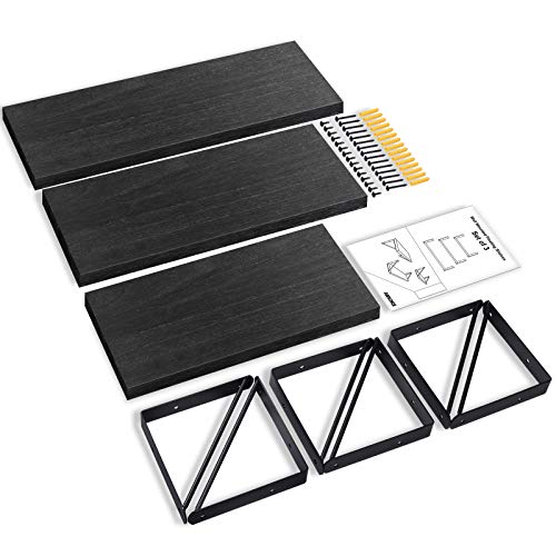 AIBORS Floating Shelves for Wall, Rustic Wood Wall Shelves Decor Set of 3 for Bedroom, Bathroom, Living Room, Kitchen, Office, Laundry Room (Black)