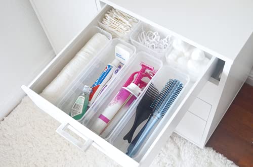AB Designs Bin Pack, [6] Long Home Organizer Storage Boxes with Lids, Translucent Clear