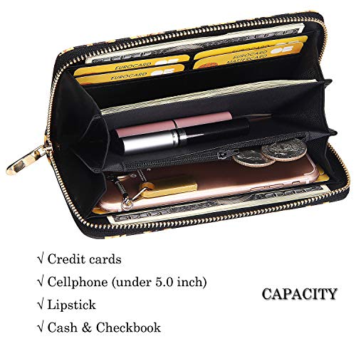 KUKOO Women’s Printed Zip Around Wallet Phone Clutch Purse Card Holder Organizer (Yellow -daisy-1)