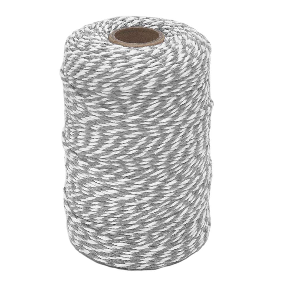 Tenn Well Grey and White Twine, 656 Feet 2mm Striped Cotton Bakers Twine for Baking, Gift Wrapping, Ornament Hanging, Crafting, Packing