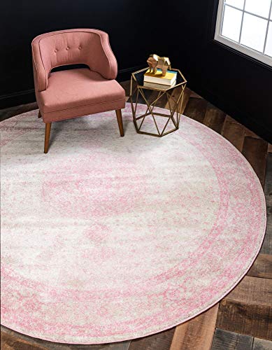 Rugs.com Dover Collection Rug – 3 Ft Round Pink Low-Pile Rug Perfect for Kitchens, Dining Rooms