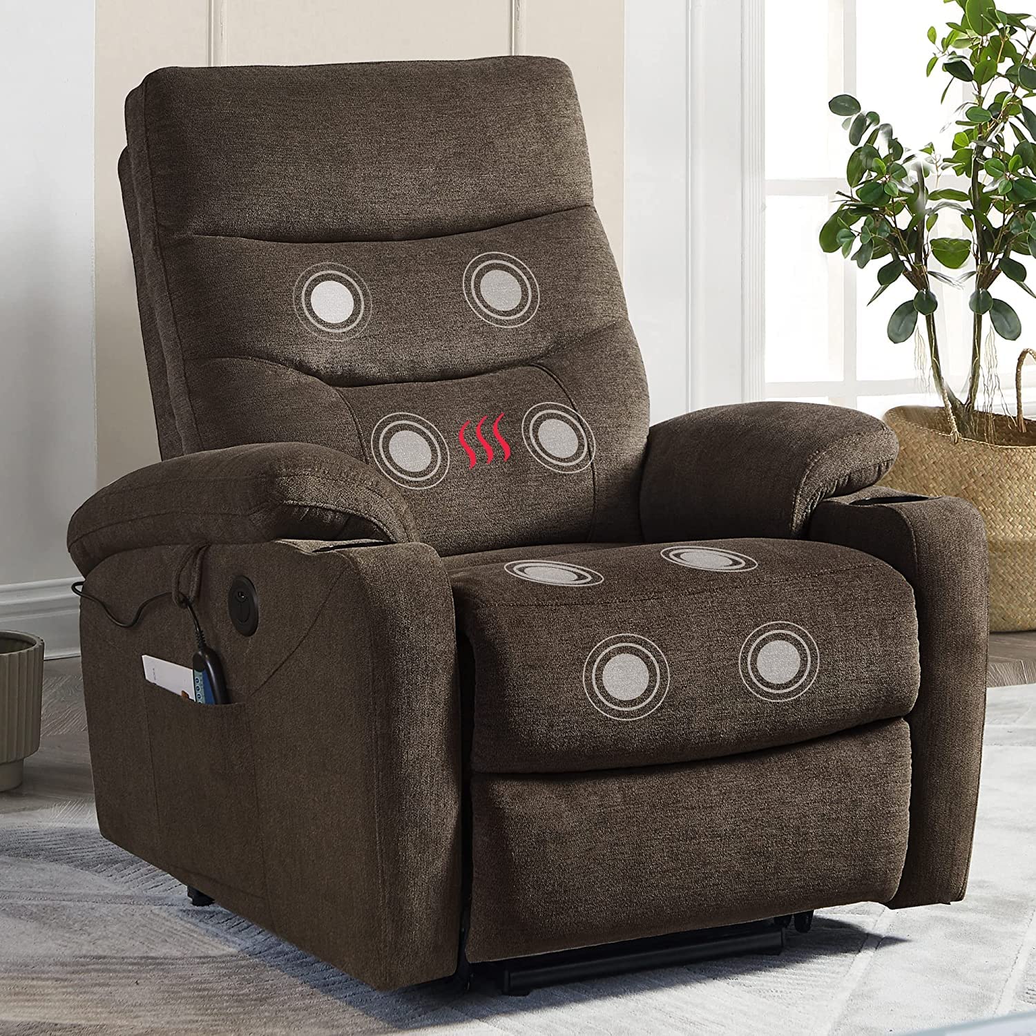 HLRAHOME Electric Power Lift Recliner Chair Sofa with Massage and Heat,3 Positions,2 Side Pockets and Cup Holders,USB Ports, High-end Quality Fabric for Home Living Room Bedroom Brown