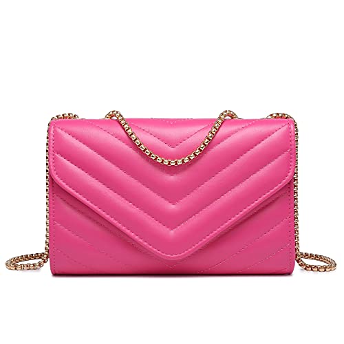 Dasein Women Small Quilted Crossbody Bags Stylish Designer Evening Bag Clutch Purses and Handbags with Chain Shoulder Strap (Fuchsia)