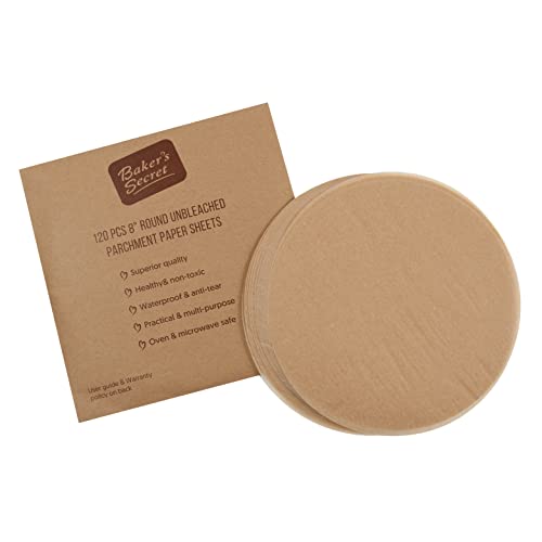 Baker's Secret - 120 Sheets Unbleached Non-stick 8" Round Parchment Paper, Baking Paper Sheets, Heavy Duty Pre-cut Baking Sheets, DIY Baking Essentials