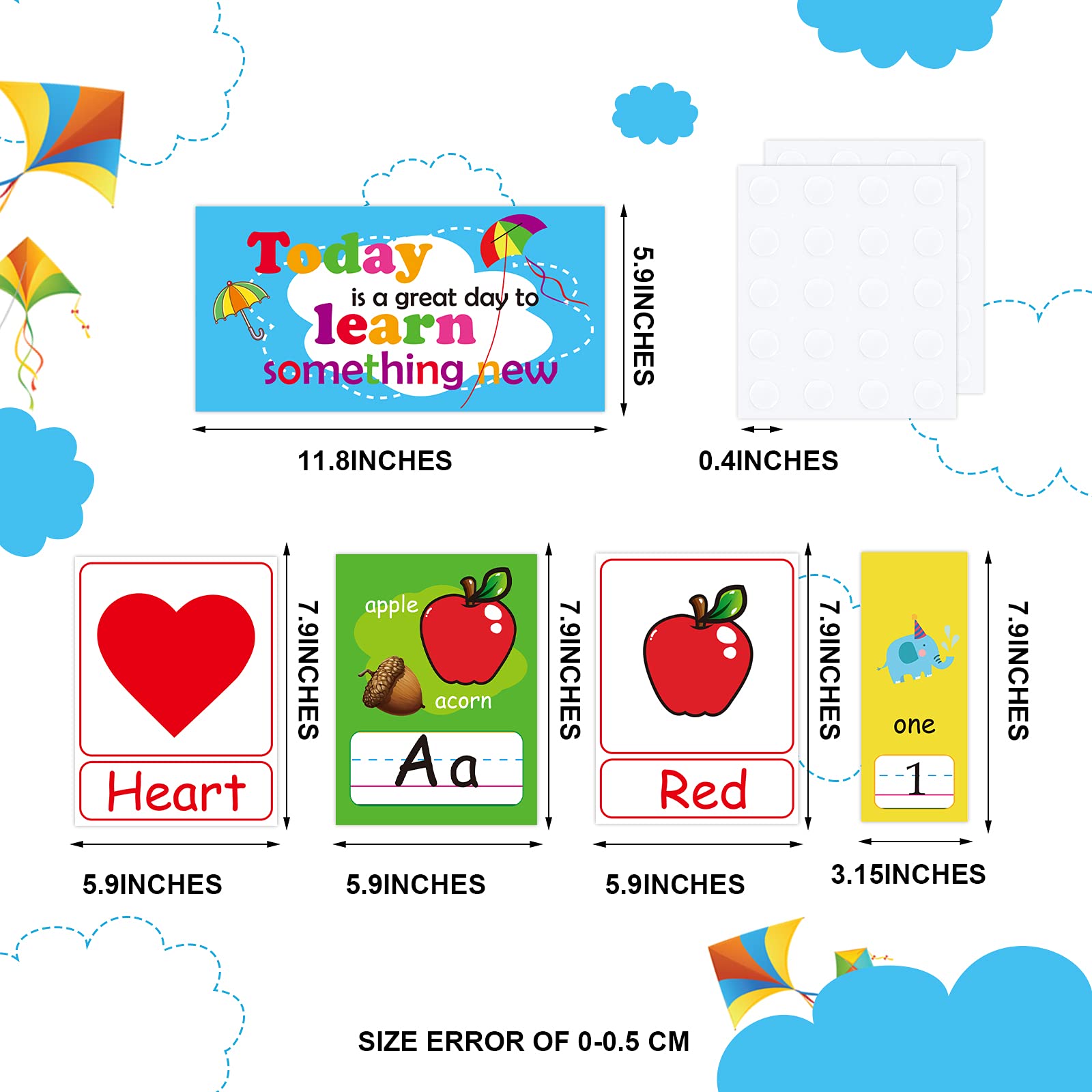 58 Pieces Educational Preschool Cards Kids Early Learning Poster Alphabet Number Colors and Shapes Bulletin Board Decoration Kindergarten Classroom Learning Card with Glue Point Dot (Rich Style)