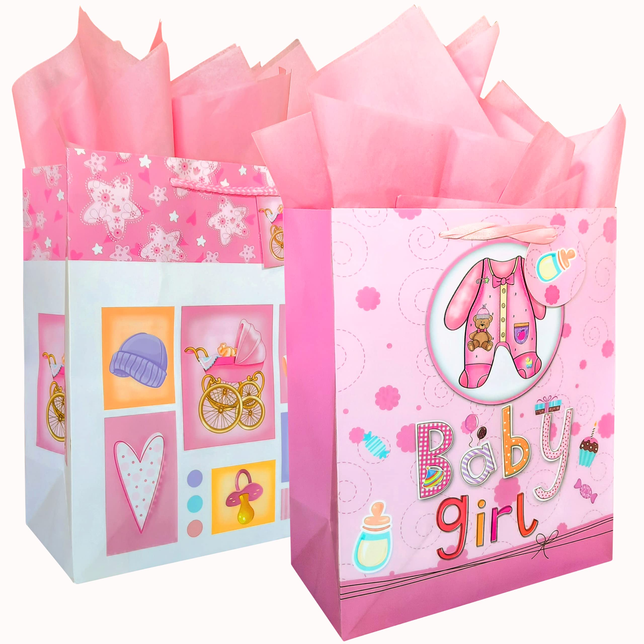 BagLove - Premium (2 Pack) Baby Girl Gift Bags with Tissue Paper - Large Gift Bags Perfect for Baby Showers, New Moms, Birthdays, Gender Reveals and More