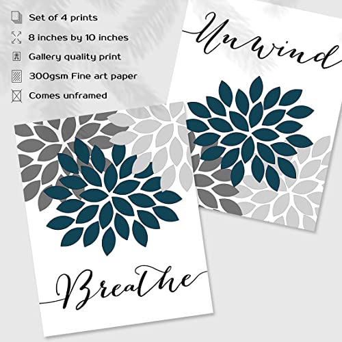 Relax Soak Unwind Breathe Bathroom Wall Decor, Bathroom Wall Art, Bathroom Pictures Wall Decor, Bathroom Decor Wall Art, Teal Blue Bathroom Decor, Bathroom Decor (Set of 4, 8X10in, Unframed)