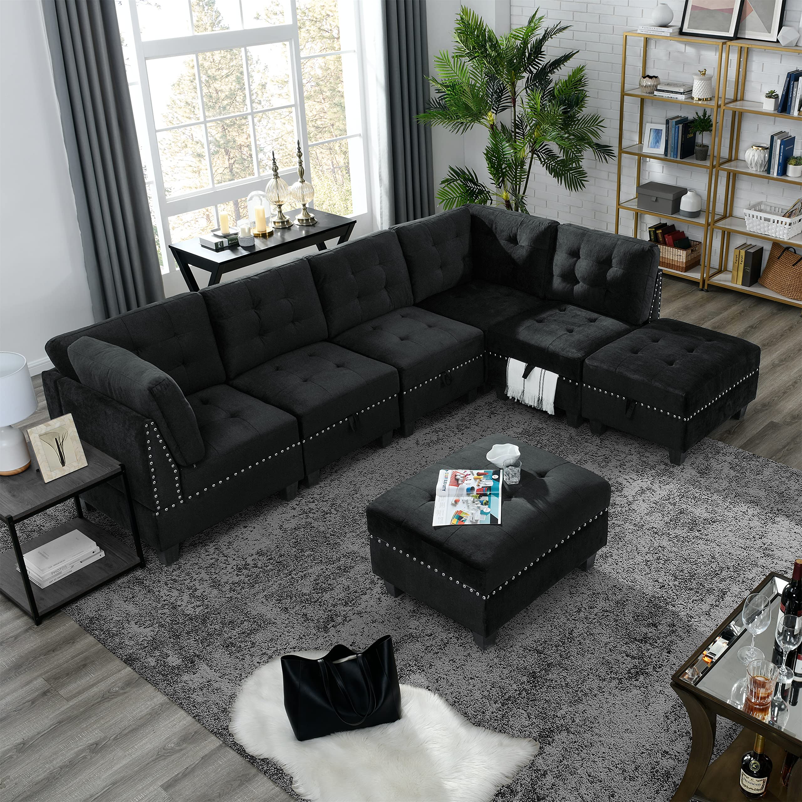 Prohon, Includes Three Two Oversized Sectional Sofa L-Shape Modular Couch with 3 Single Chair, 2 Corner and 2 Ottoman, DIY Combination Convertible Sleeper for Living Room/Bedroom/Office, Black