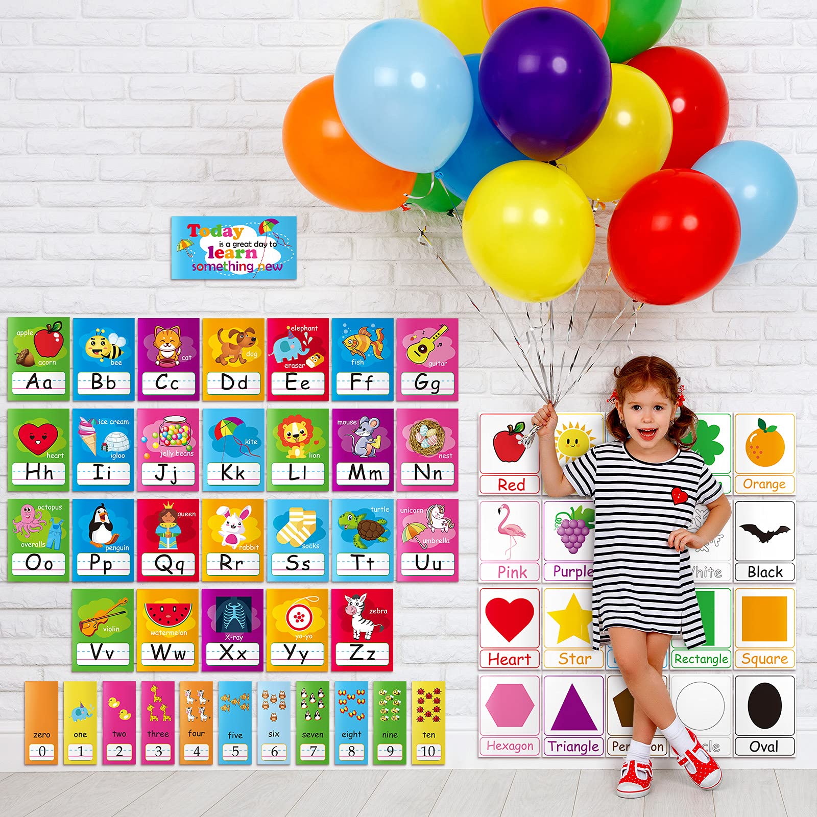 58 Pieces Educational Preschool Cards Kids Early Learning Poster Alphabet Number Colors and Shapes Bulletin Board Decoration Kindergarten Classroom Learning Card with Glue Point Dot (Rich Style)