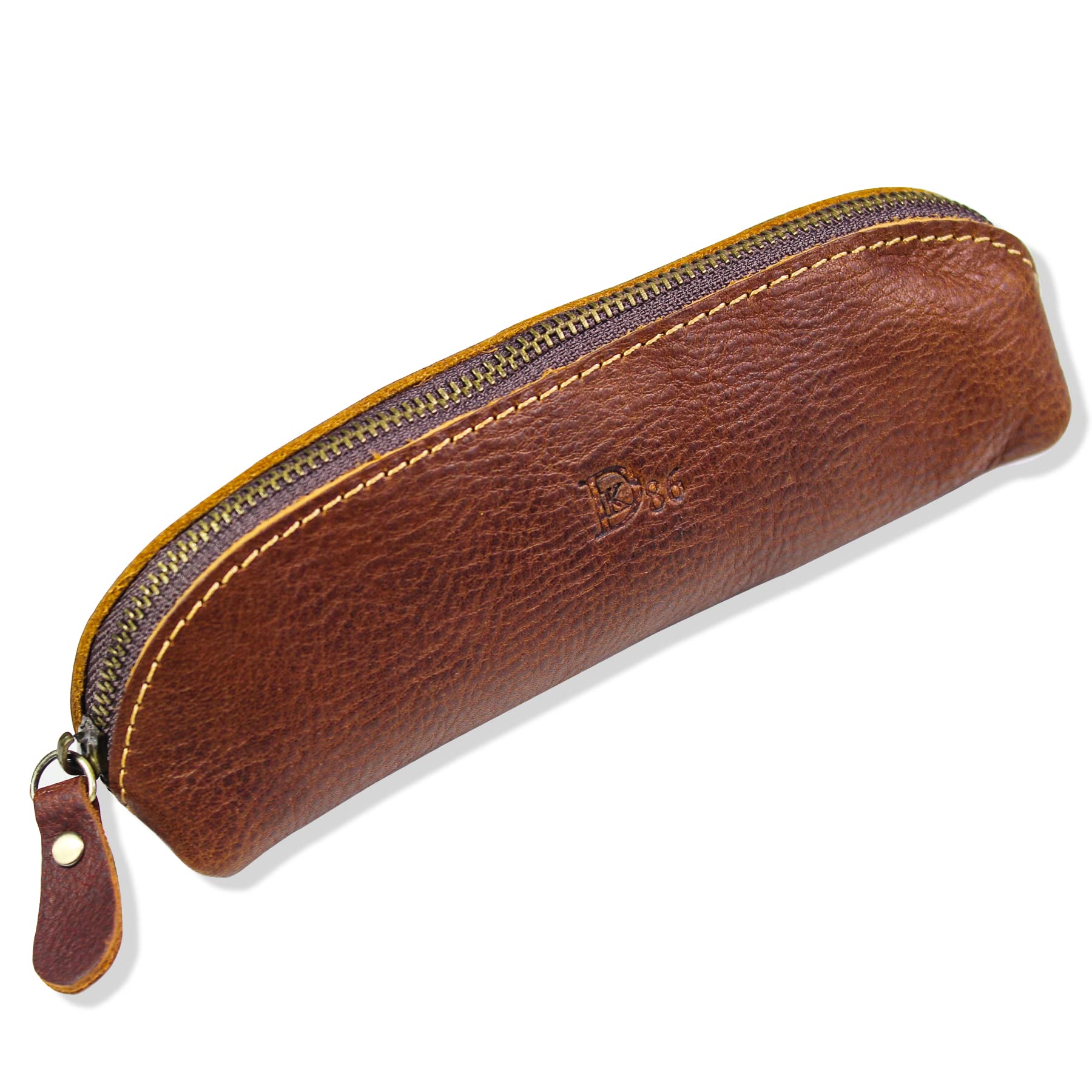 DK86 Leather Zipper Pen Case Pouch Holder Bag - Small Travel Makeup Cosmetic Bag (Full Grain Leather - brown)