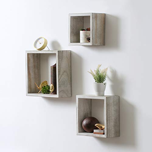 KMwares Set of 3 (12ā/10ā/8ā) Rustic White Grey Paulownia Wood Square/Cube Farmhouse Floating Shelves Wall Mounted Storage/Bookshelf/Shadow Wall Boxes - Decoration for the Living Room, Bedroom, Office