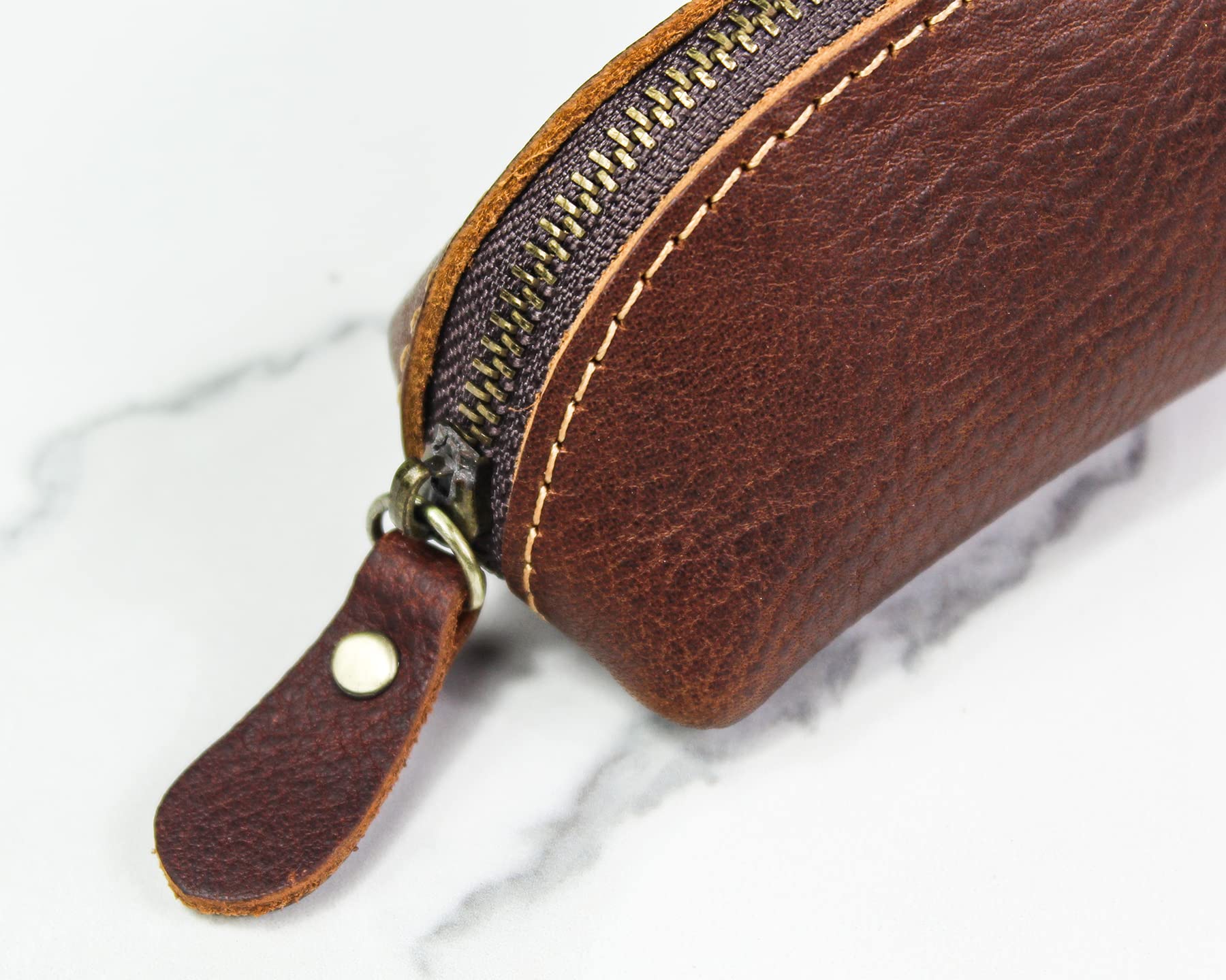 DK86 Leather Zipper Pen Case Pouch Holder Bag - Small Travel Makeup Cosmetic Bag (Full Grain Leather - brown)