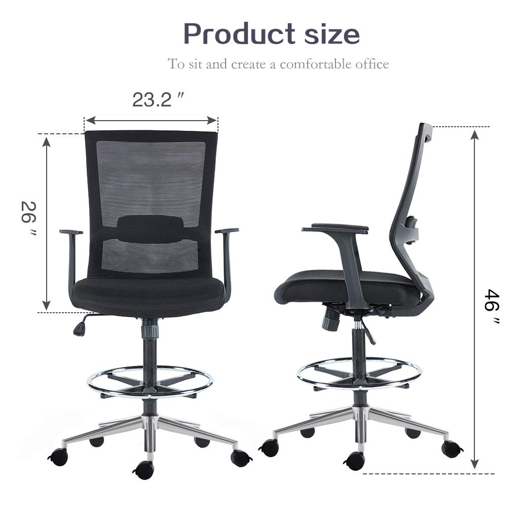 Sunon Office Tall Drafting Chair, Black & Brake Wheels