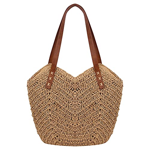 jascaela Women's Straw Woven Bag Large Tote Handbag Summer Beach Handwoven Shoulder Bag - Light brown