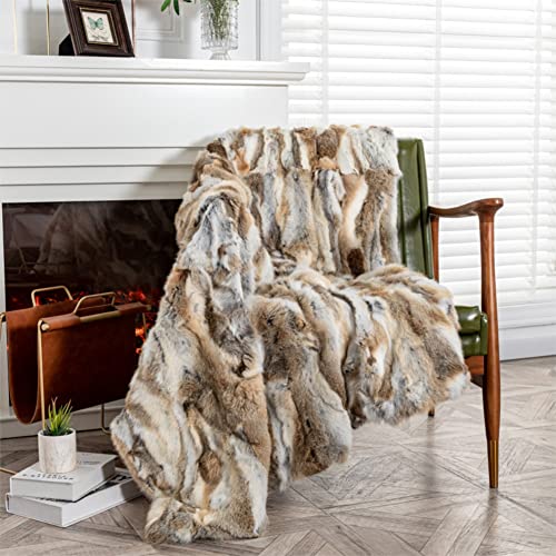 Natural Real Rabbit Fur Throw Blanket Luxury Fluffy Soft Cozy Plush,Thick Warm Blanket for Couch, Sofa and Bed,55.1in x62.9in(Straw Yellow)