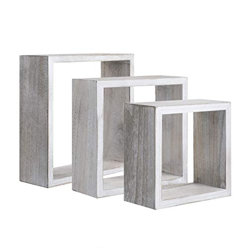 KMwares Set of 3 (12β/10β/8β) Rustic White Grey Paulownia Wood Square/Cube Farmhouse Floating Shelves Wall Mounted Storage/Bookshelf/Shadow Wall Boxes - Decoration for the Living Room, Bedroom, Office