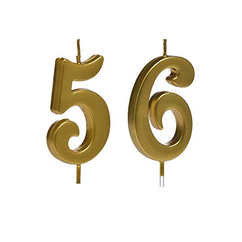 MMJJ Gold 56th Birthday Candles, Number 56 Cake Topper for Birthday Decorations