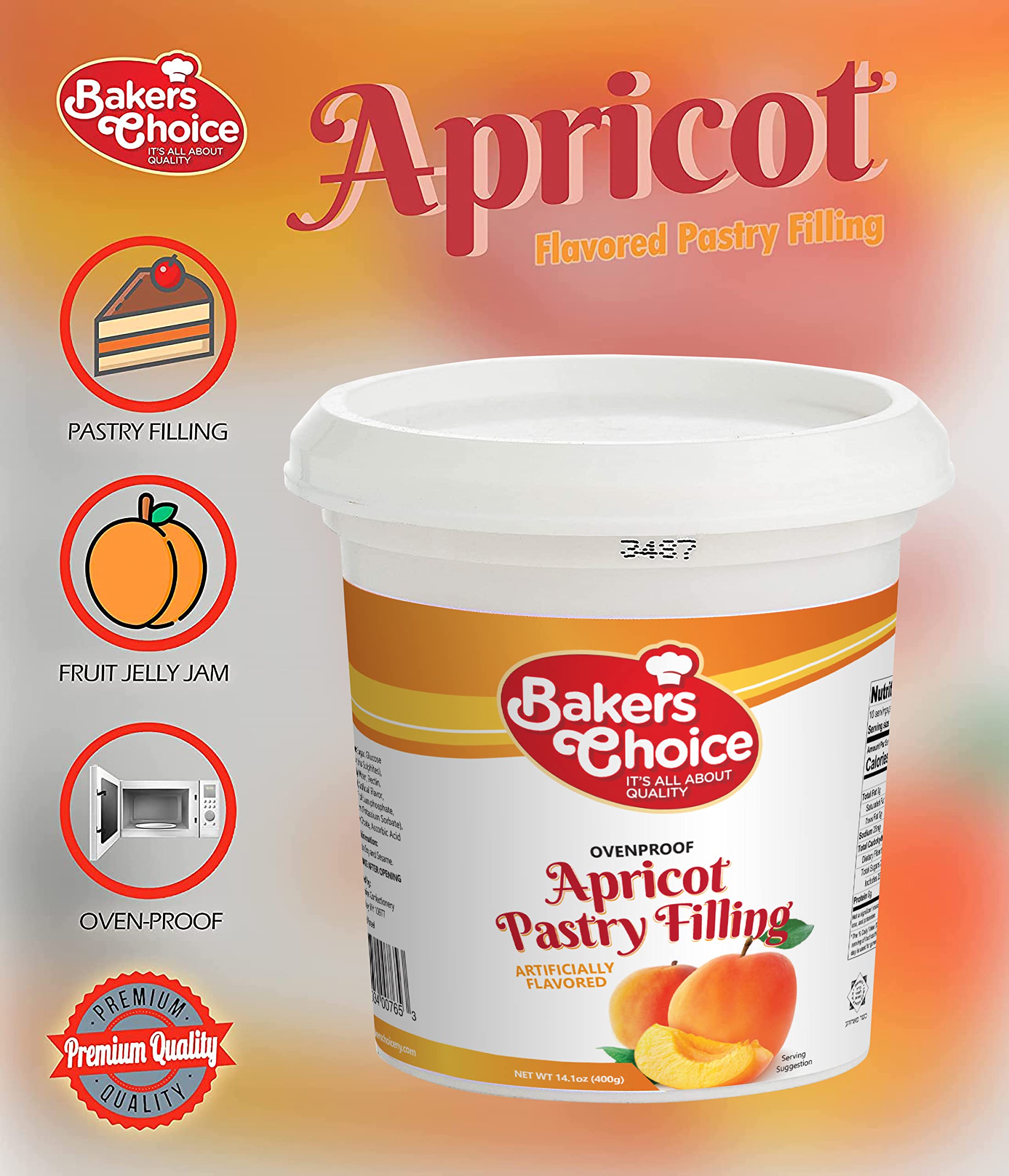 Apricot Jam - 14 oz. - Premium Pastry Filling and Fruit Spread - Oven Proof Apricot Jelly Jams and Preserves for Baking, and Spreading - Dairy Free, Kosher - By Baker’s Choice
