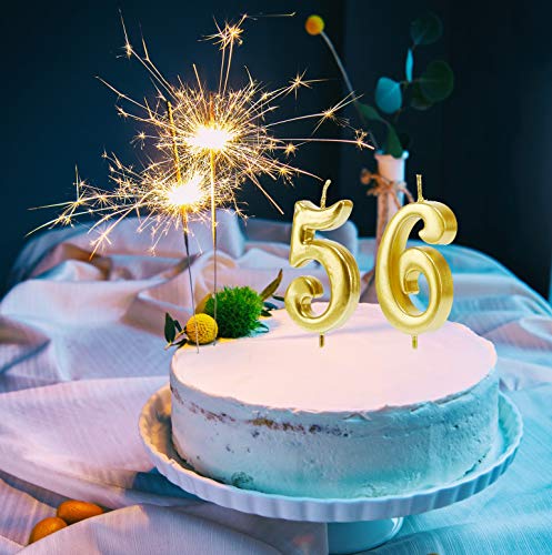 MMJJ Gold 56th Birthday Candles, Number 56 Cake Topper for Birthday Decorations