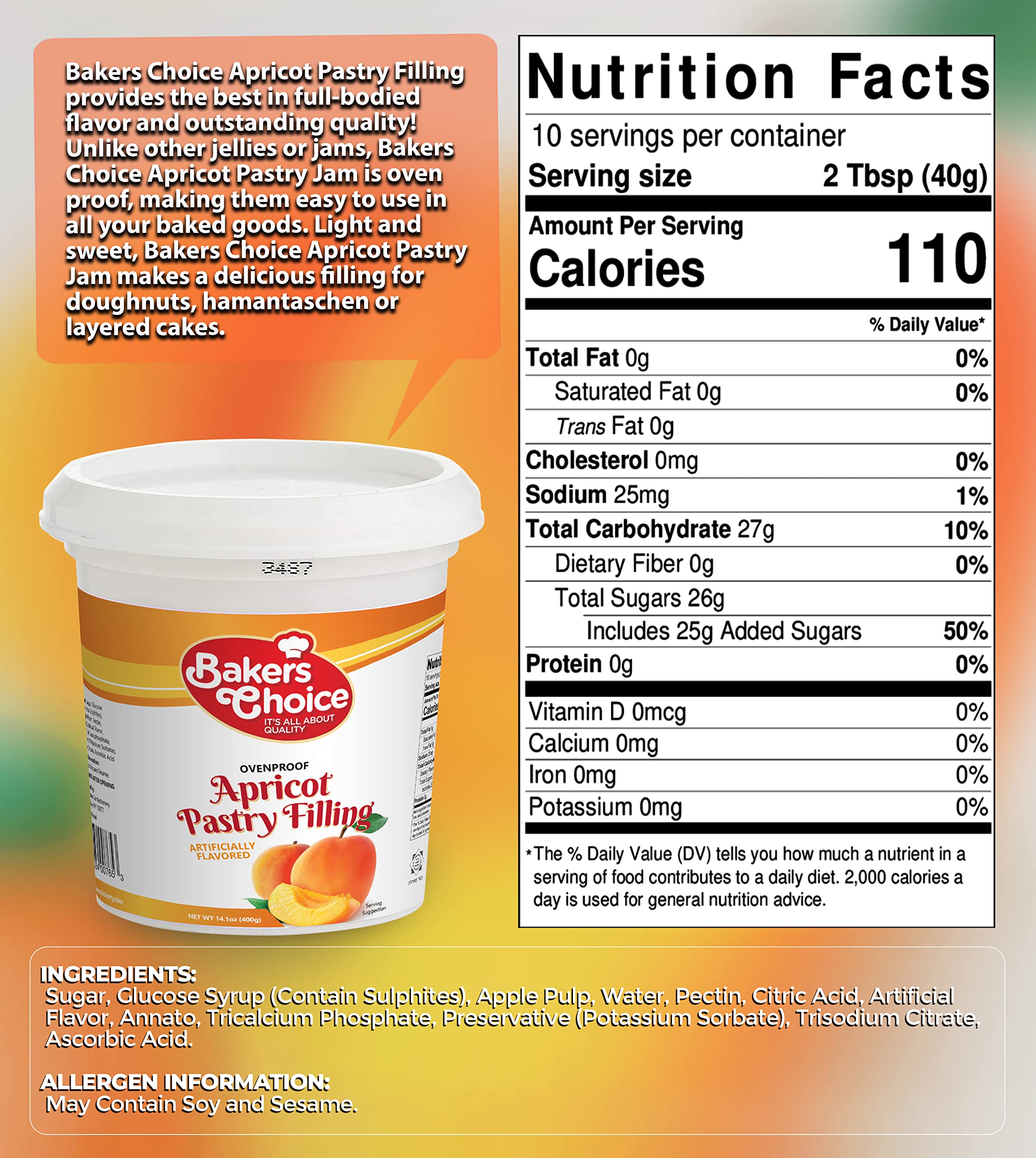 Apricot Jam - 14 oz. - Premium Pastry Filling and Fruit Spread - Oven Proof Apricot Jelly Jams and Preserves for Baking, and Spreading - Dairy Free, Kosher - By Baker’s Choice