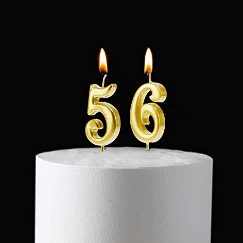 MMJJ Gold 56th Birthday Candles, Number 56 Cake Topper for Birthday Decorations