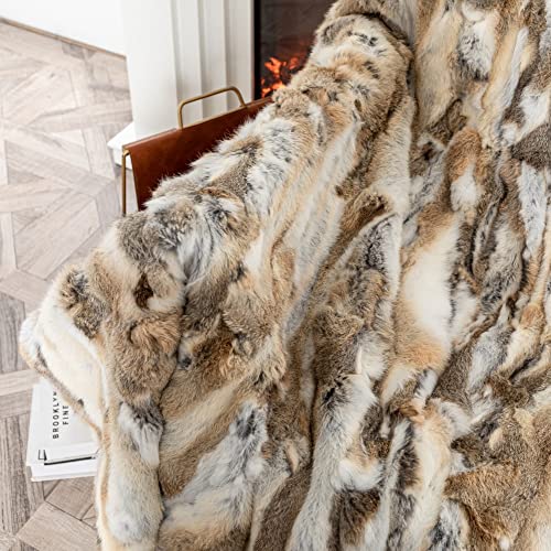 Natural Real Rabbit Fur Throw Blanket Luxury Fluffy Soft Cozy Plush,Thick Warm Blanket for Couch, Sofa and Bed,55.1in x62.9in(Straw Yellow)