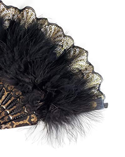 HAPPY FEATHER Embroidered Flower Marabou Feather Fan, 1920s Vintage Style Flapper Hand Fan for Costume Party Dancing-Black