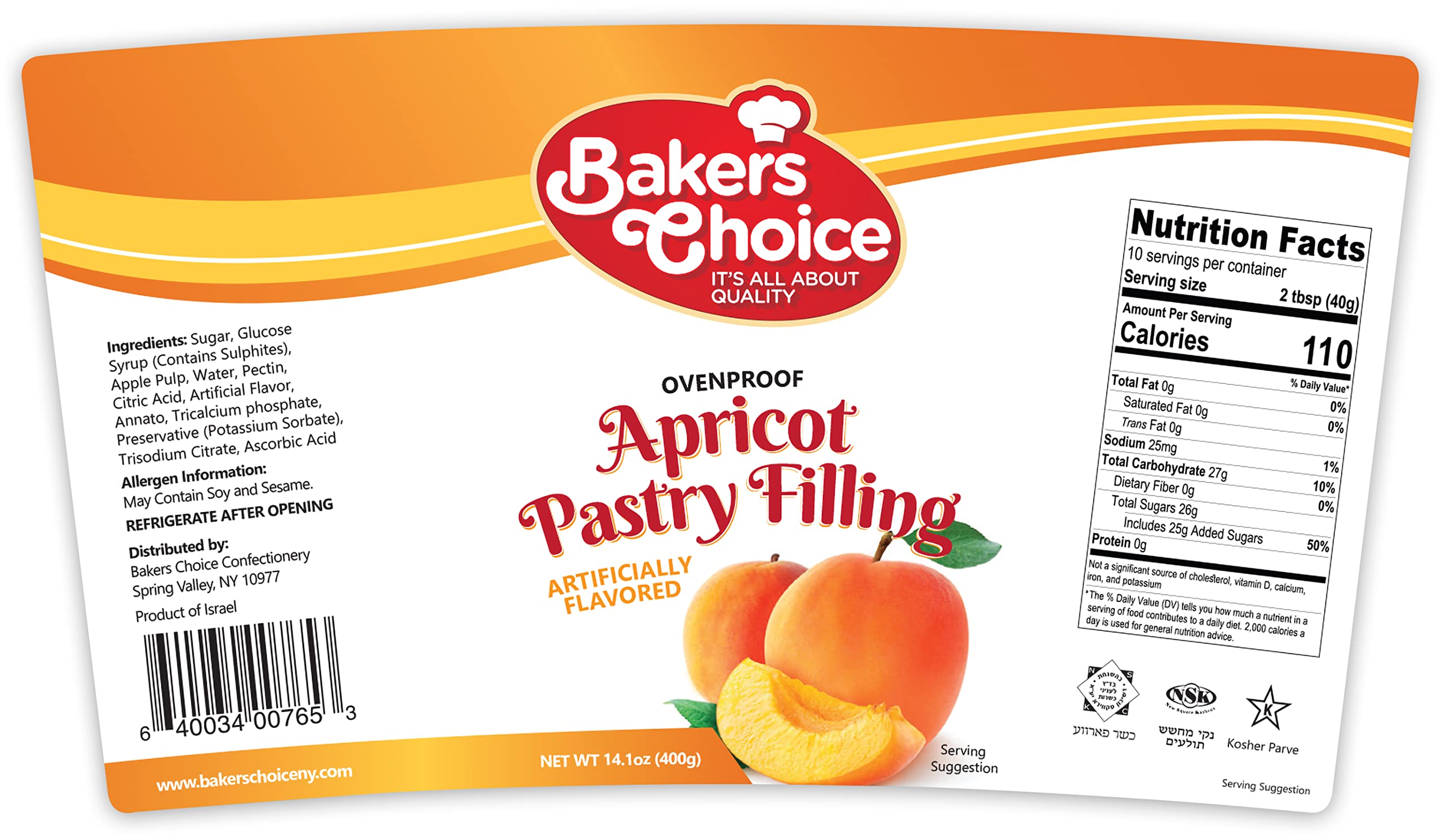 Apricot Jam - 14 oz. - Premium Pastry Filling and Fruit Spread - Oven Proof Apricot Jelly Jams and Preserves for Baking, and Spreading - Dairy Free, Kosher - By Baker’s Choice
