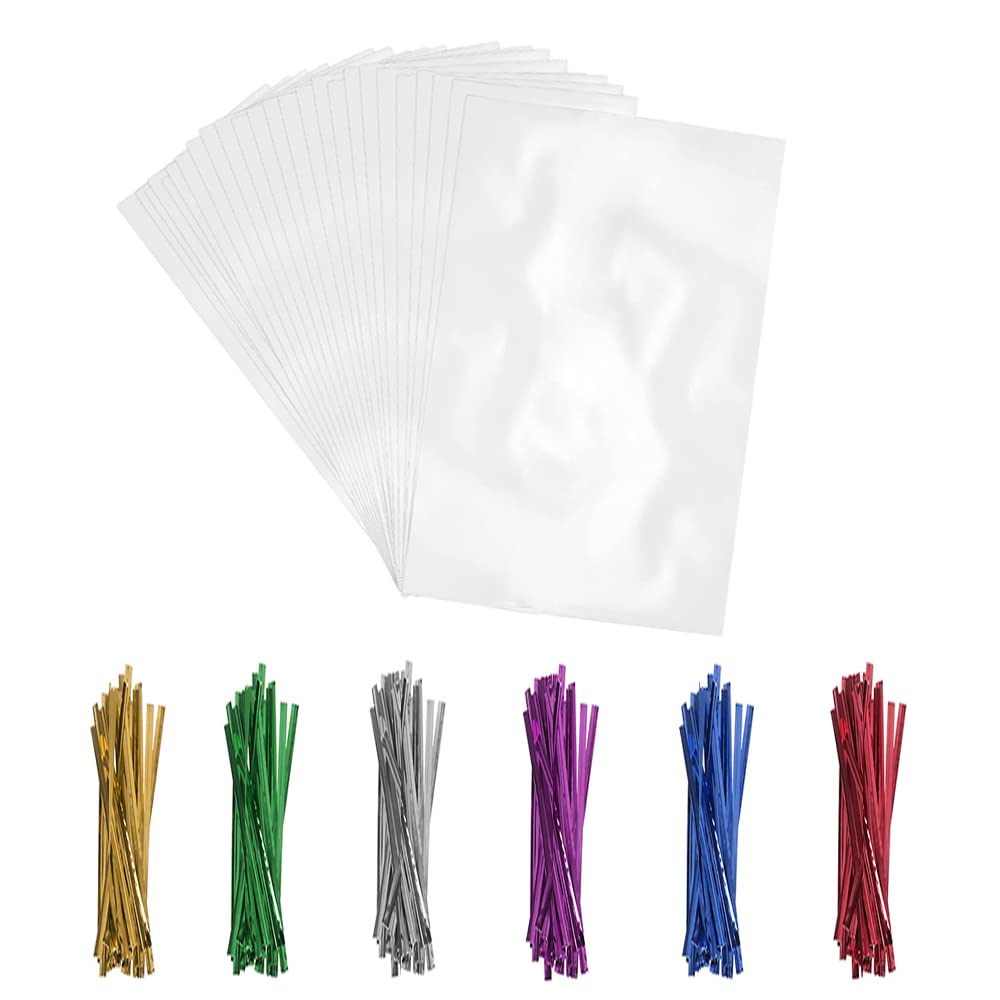VIGUEUR Clear Cellophane Bags - 100PCS 6" x 9" Clear Treat Bags with Ties for Bakery, Cookies, Candies,Dessert