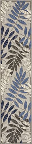 Nourison Aloha Indoor/Outdoor Grey/Blue 2' x 6' Area -Rug, Tropical, Botanical, Easy -Cleaning, Non Shedding, Bed Room, Living Room, Deck, Backyard, (6' x Runner)