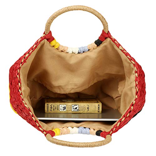 Summer Rattan Bag for Women Hand-woven Beach Top-handle Handbag Straw Rattan Tote Bags (Red and black multicolor)