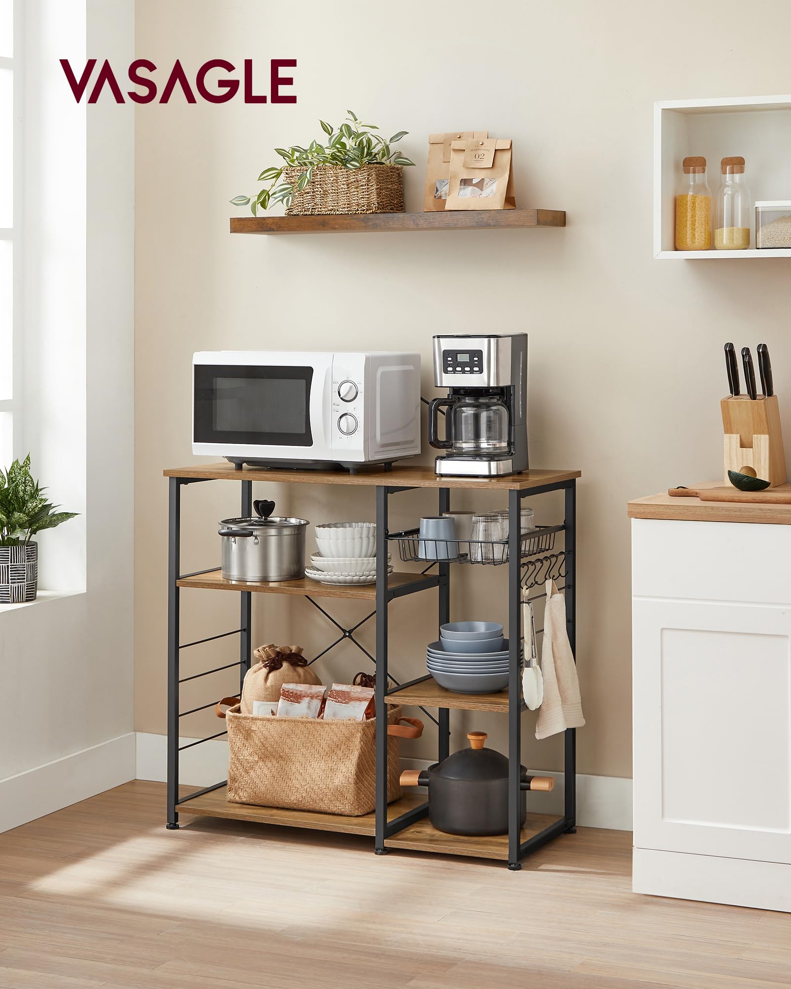 VASAGLE ALINRU Kitchen Baker’s Rack, Coffee Bar, Microwave Oven Stand, with Steel Frame, Wire Basket, 6 Hooks, for Mini Oven, Spices Utensils, Industrial, Rustic Walnut and Black UKKS090B41