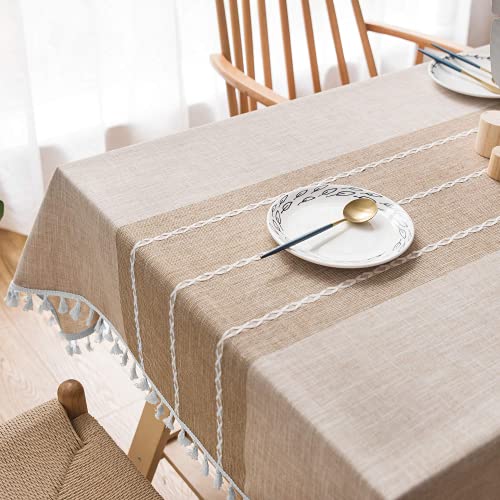 Lipo Waterproof Tablecloth Embroidery Burlap Linen with Tassel - Heavy Duty Wrinkle Free Rectangle Table Cloth for 6 Foot Tables Rustic Farmhouse Tablecloths for Outdoor Party Kitchen 55x86 Coffee
