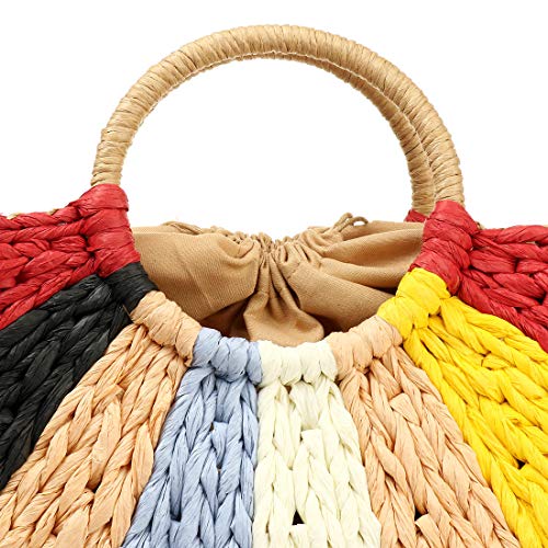 Summer Rattan Bag for Women Hand-woven Beach Top-handle Handbag Straw Rattan Tote Bags (Red and black multicolor)