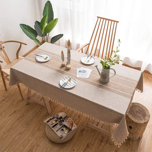 Lipo Waterproof Tablecloth Embroidery Burlap Linen with Tassel - Heavy Duty Wrinkle Free Rectangle Table Cloth for 6 Foot Tables Rustic Farmhouse Tablecloths for Outdoor Party Kitchen 55x86 Coffee