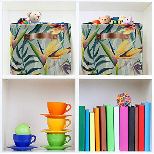 Storage Basket Cube Tropical Palm Flower Leaves Large Collapsible Toys Storage Box Bin Laundry Organizer for Closet Shelf Nursery Kids Bedroom,15x11x9.5 in,2 Pack