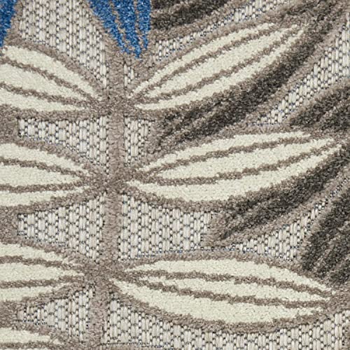 Nourison Aloha Indoor/Outdoor Grey/Blue 2' x 6' Area -Rug, Tropical, Botanical, Easy -Cleaning, Non Shedding, Bed Room, Living Room, Deck, Backyard, (6' x Runner)