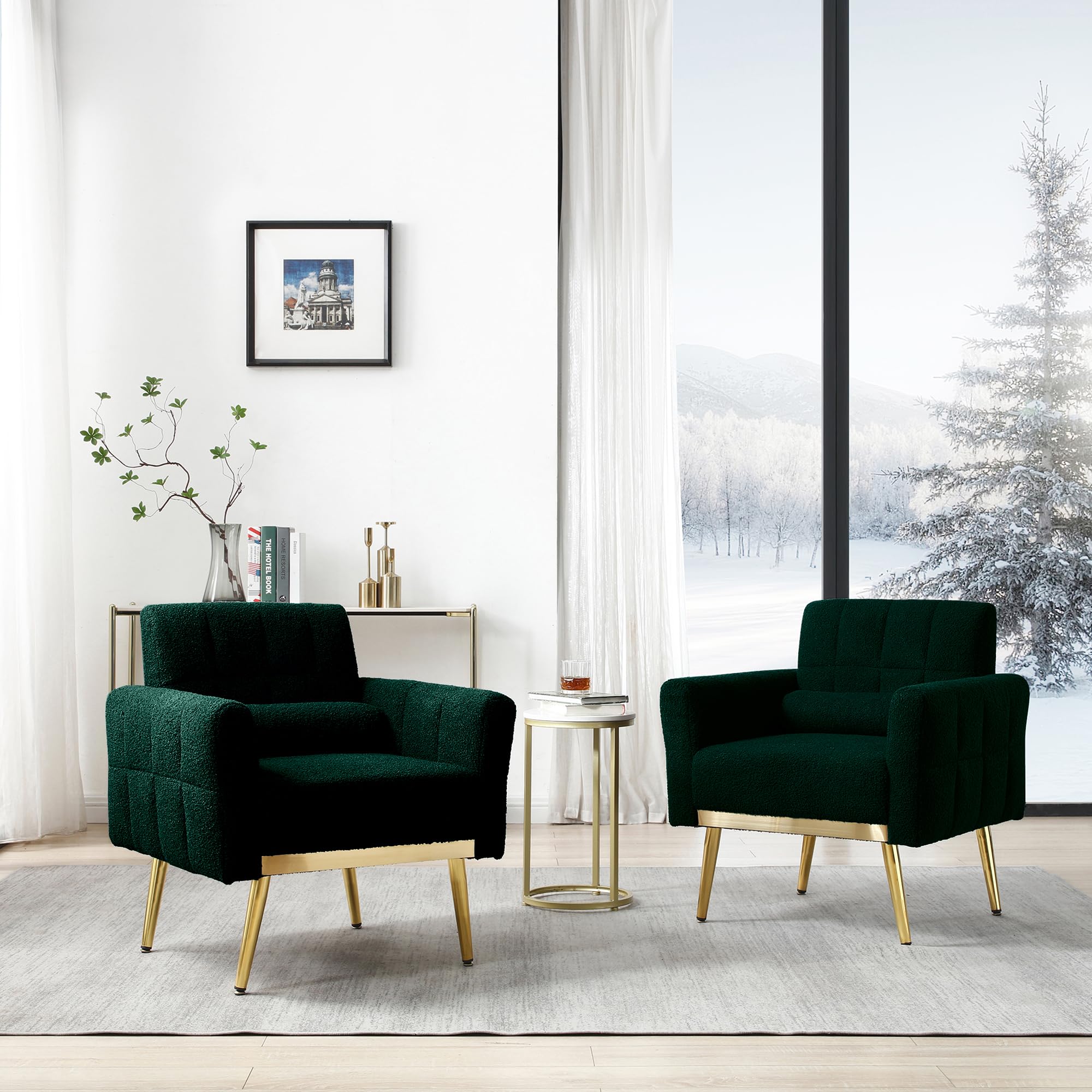 Penifun Teddy Accent Modern Side Gold Legs & Waist Pillow, Single Sofa Couch Armchair Reading Chairs for Living Waiting Room Bedroom Green
