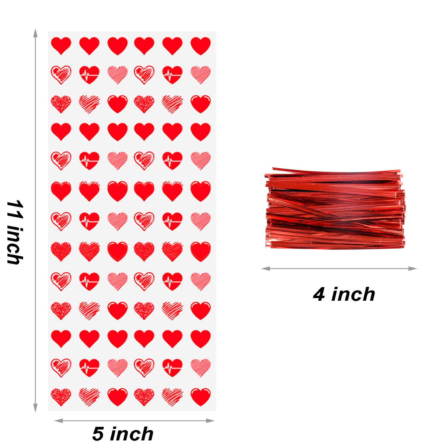 100 Pcs Valentine Cellophane Cookie Bags Goodie Candy Treat Bag with Twist Ties for Valentine's Day Party Supplies (Style B)