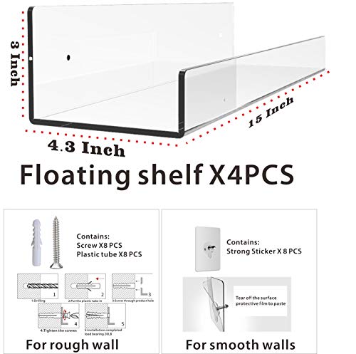 Cq acrylic 4 Pack Clear Acrylic Floating Wall Ledge Shelf,15" Invisible Wall Mounted Nursery Kids Floating Bookshelf for Kids Room,U Modern Picture Ledge Display Toy Storage Wall Shelf,Clear