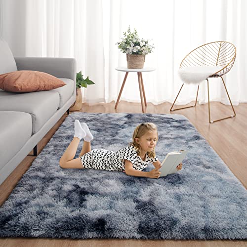 Flagover Soft Fluffy Area Rugs for Bedroom, 4x6 Feet Tie-Dye Rugs, Shaggy Bedside Rugs Colorful Abstract Plush Rug for Kids Boys Girls Room Home Decor Dorm Non-Slip Fuzzy Carpet, Blue Grey