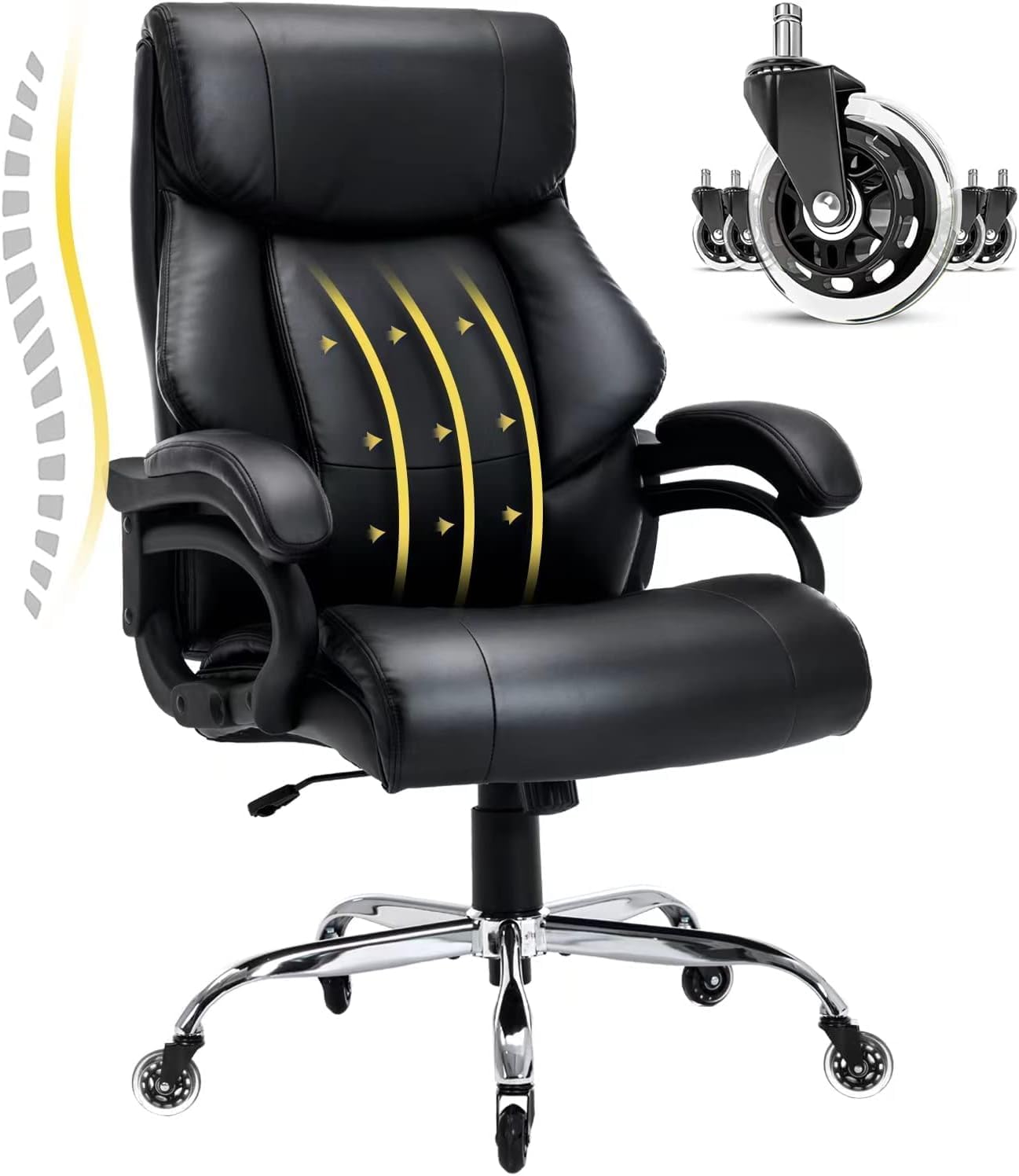 chizzysit Big and Tall Office Chair, Executive Office Chair for Heavy People, Massage Office Desk Chair 400lbs, Leather Office Chair with Heavy Duty Metal Base and Quiet Wheels
