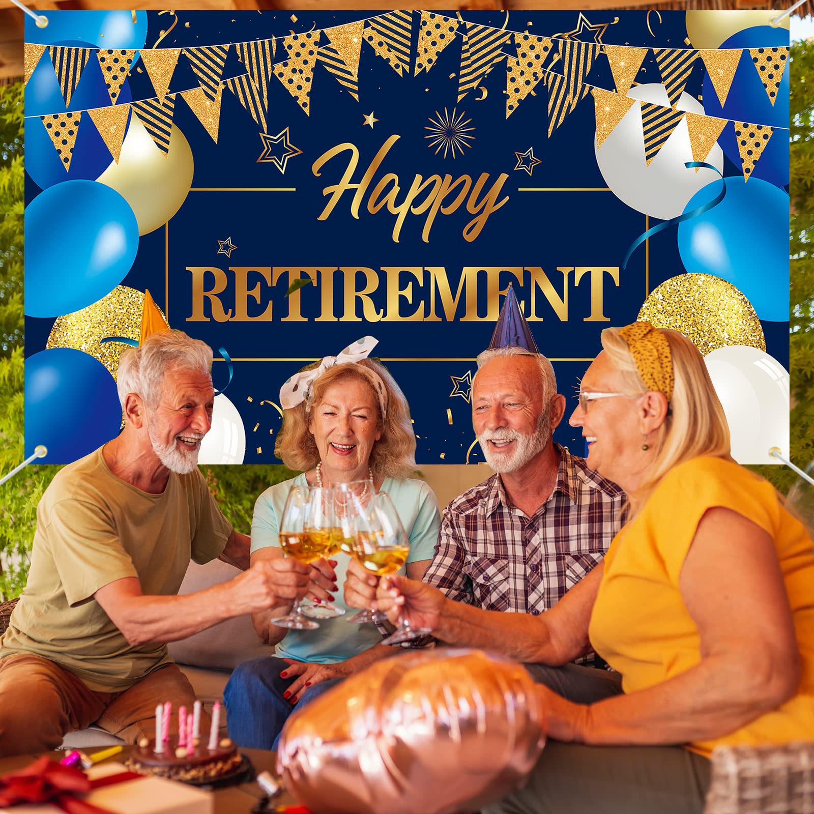 Happy Retirement Party Decorations Backdrop - Extra Large Retirement Decorations Banner Blue and Gold Happy Retirement Banner Party Supplies Photo Backdrop Background for Men, 70.8 x 43.3 Inch